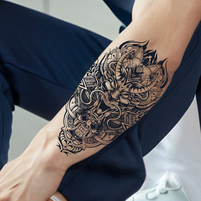 Intricate Oni Demon Mask Tattoo Design – Blackwork Line Art 6.7 × 9.4 ...